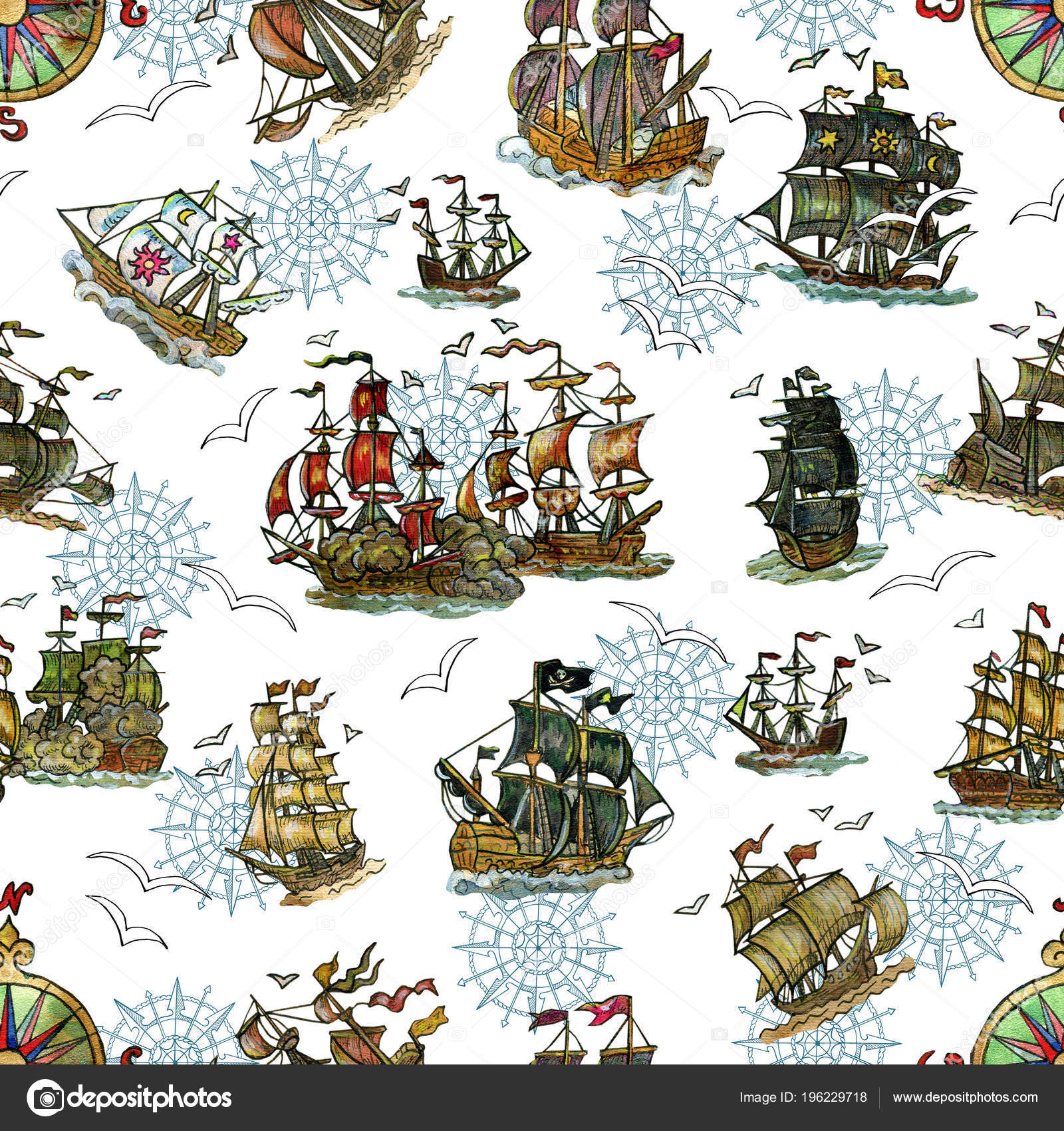 Seamless Pattern Old Sailing Ships Compass White Pirate Adventures ...