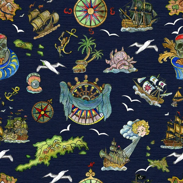 Seamless Pattern Old Sailing Ships Compass White Pirate Adventures ...