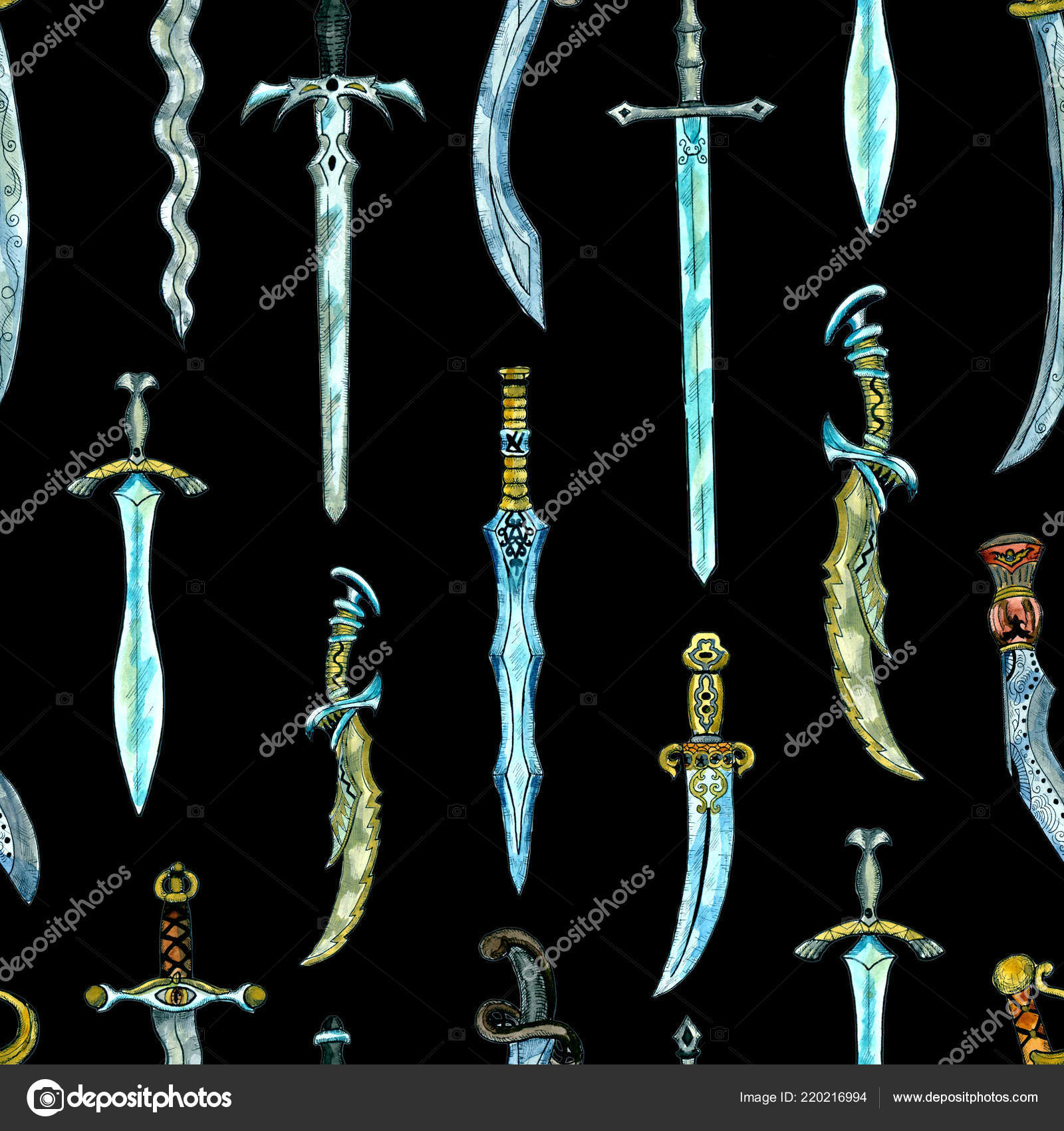 Seamless Pattern Ancient Swords Black Hand Drawn Doodle Graphic ...