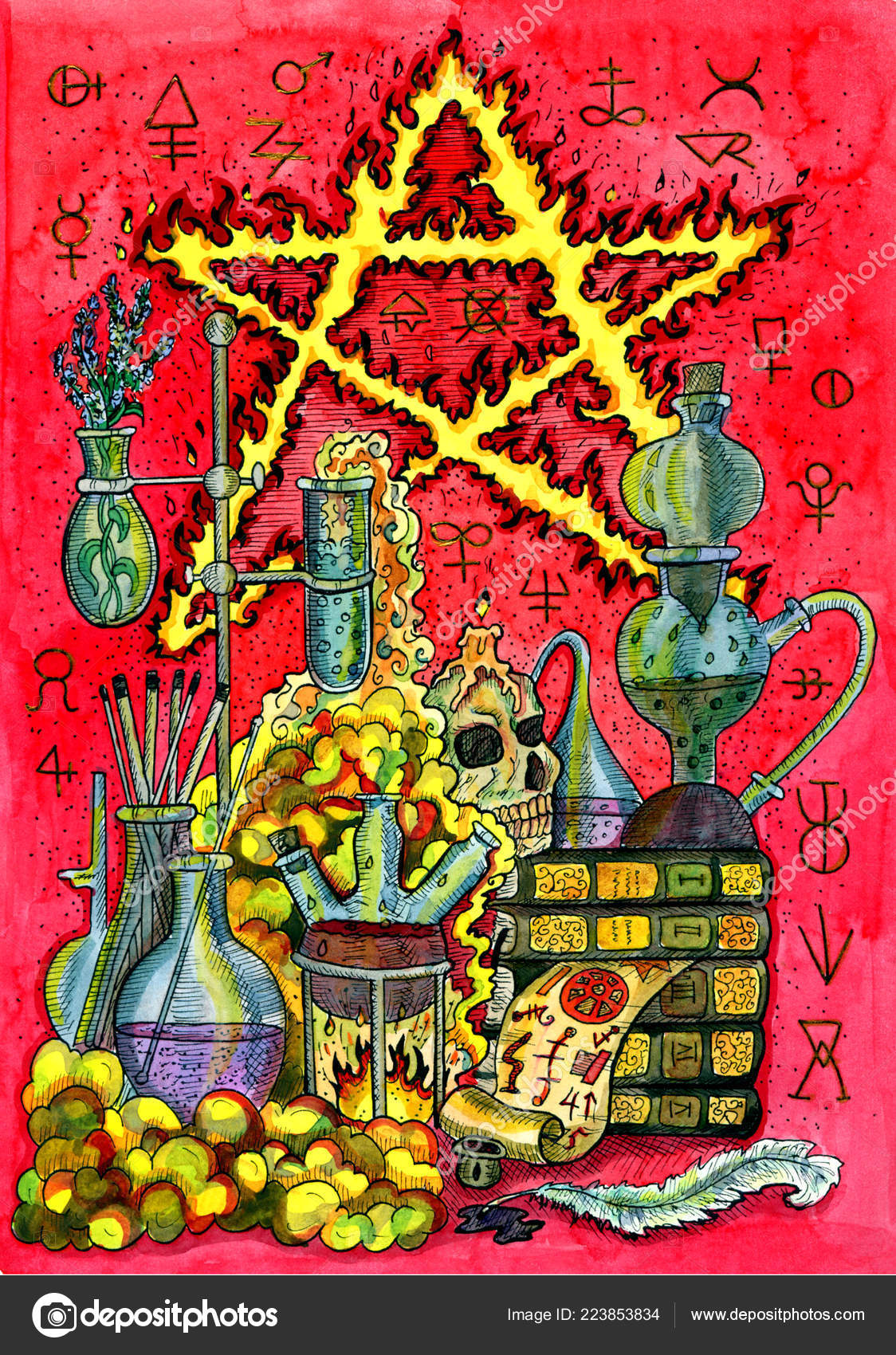 Alchemy Magic Laboratory Book Flasks Skull Pentagram Occult Esoteric ...