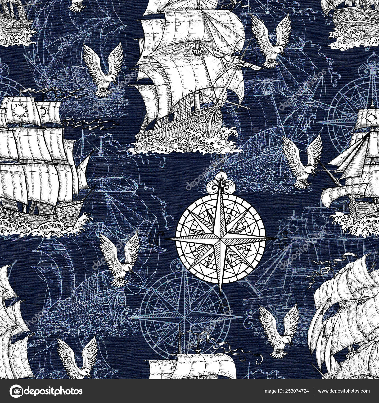 Seamless Pattern Antique Sea Vessel Nautical Compass Gulls Blue Texture ...