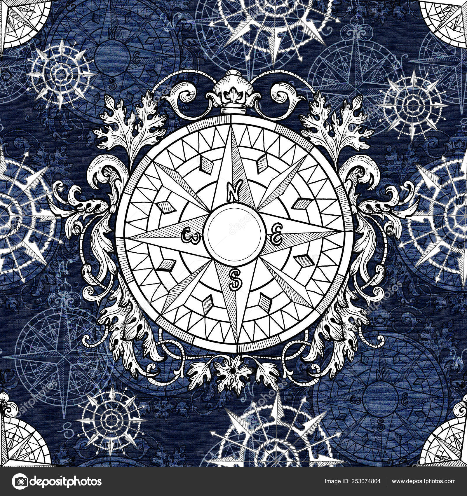 Seamless Pattern Old Victorian Baroque Compass Silhouettes Blue Texture ...