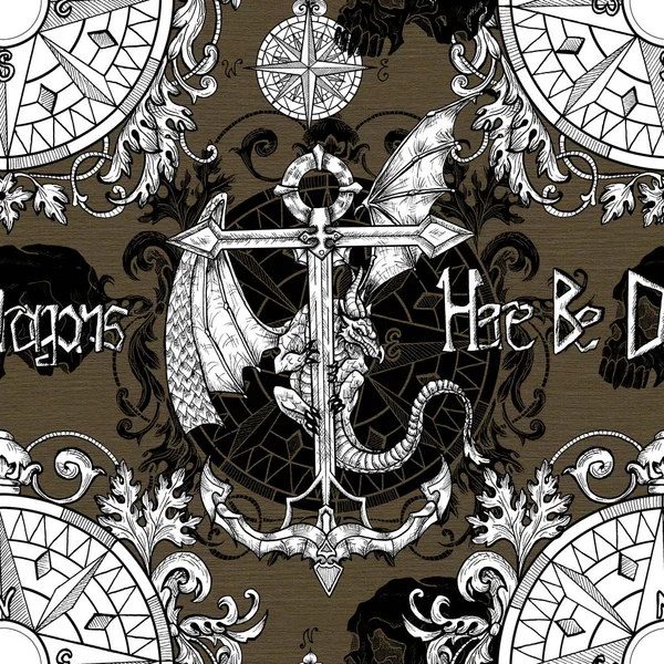 Seamless Pattern Old Victorian Baroque Compass Silhouettes Blue Texture ...