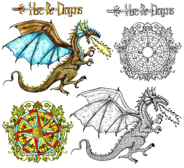 Design set with fantasy dragon snorting fire and baroque compass ...