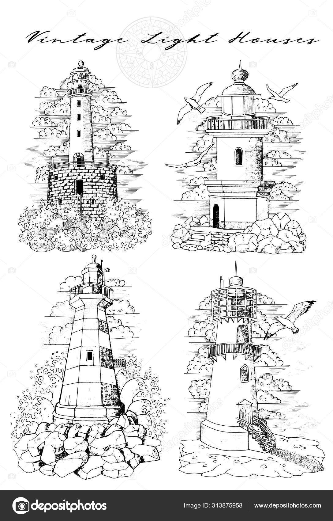 Design Set Old Medieval Lighthouses Isolated White Graphic Engraved ...