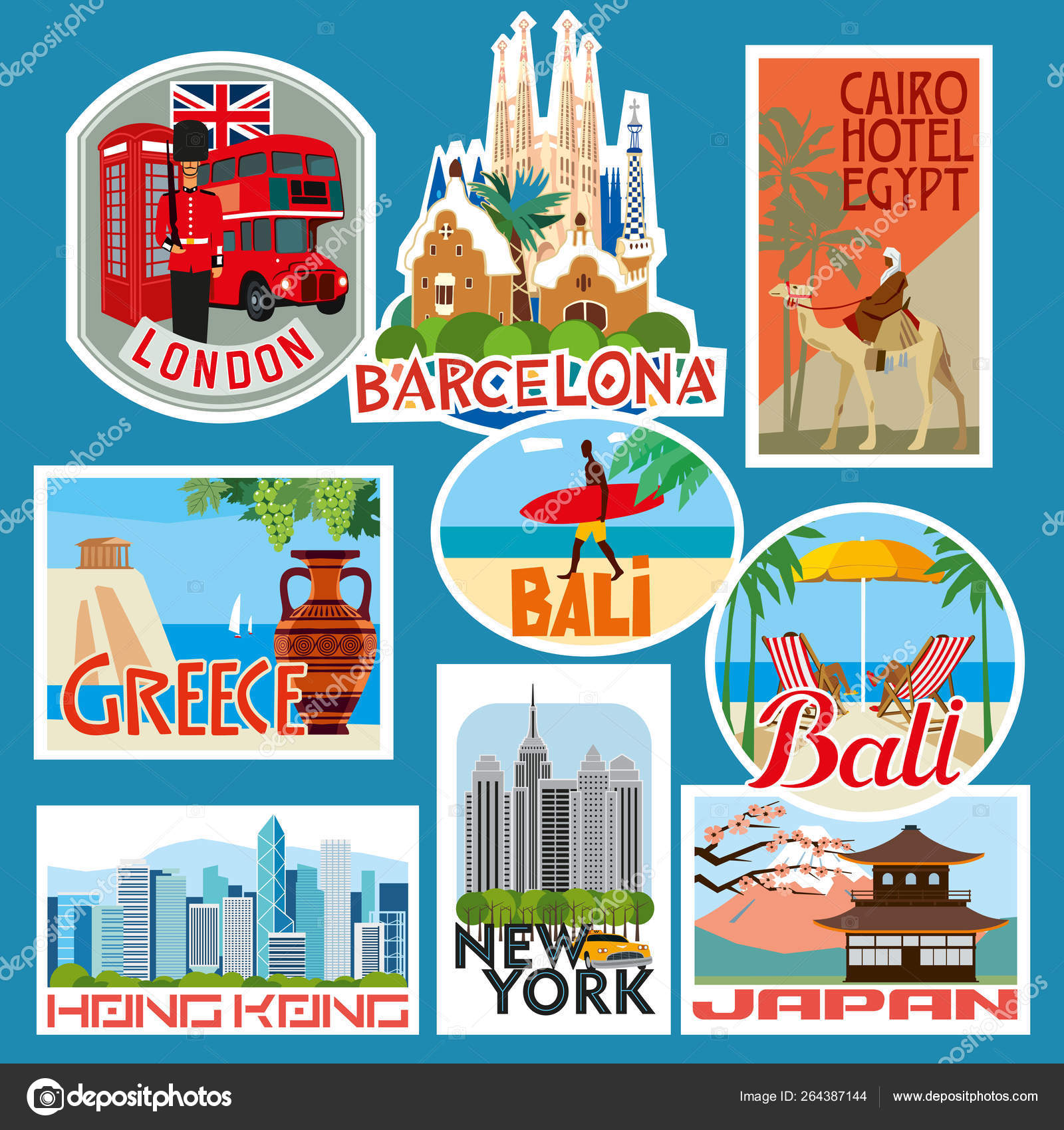 Set Stiker Perjalanan Negara Negara Asia Eropa Dan Afrika Grafis Vektor ...