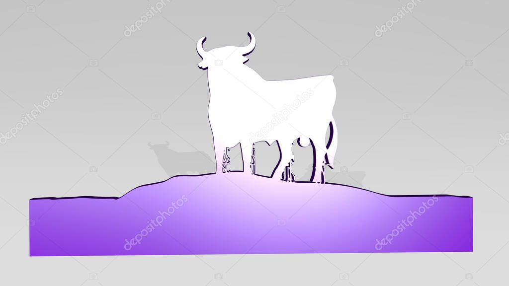 Vaca en la colina en la pared. Ilustración 3D de la escultura metálica ...