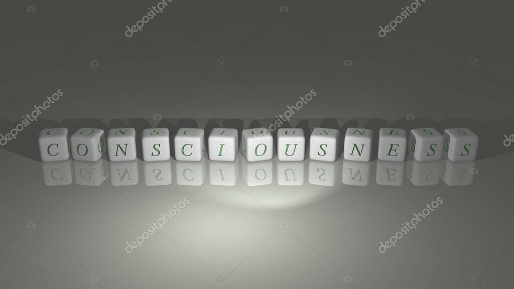 brillante CONCIENCIA construido por letras cúbicas desde la perspectiva ...