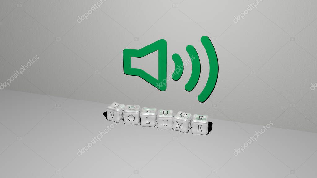 Representación 3D de volumen con icono en la pared y texto dispuesto ...