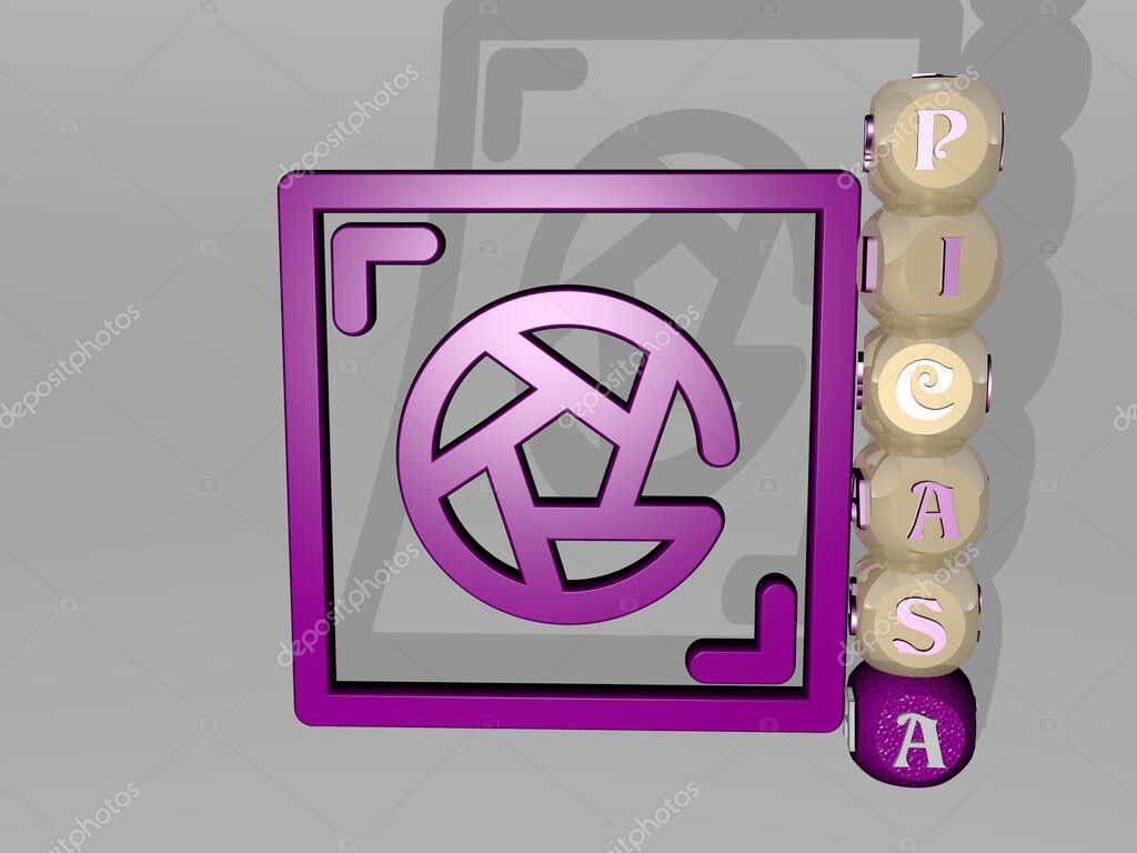 Representaci n 3D de picasa con icono en la pared y texto arreglado por letras c bicas met licas ...