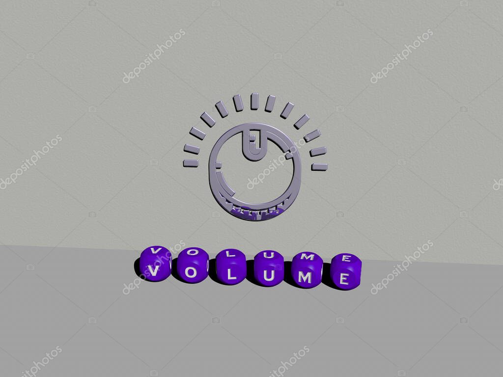 Representación 3D de volumen con icono en la pared y texto dispuesto ...