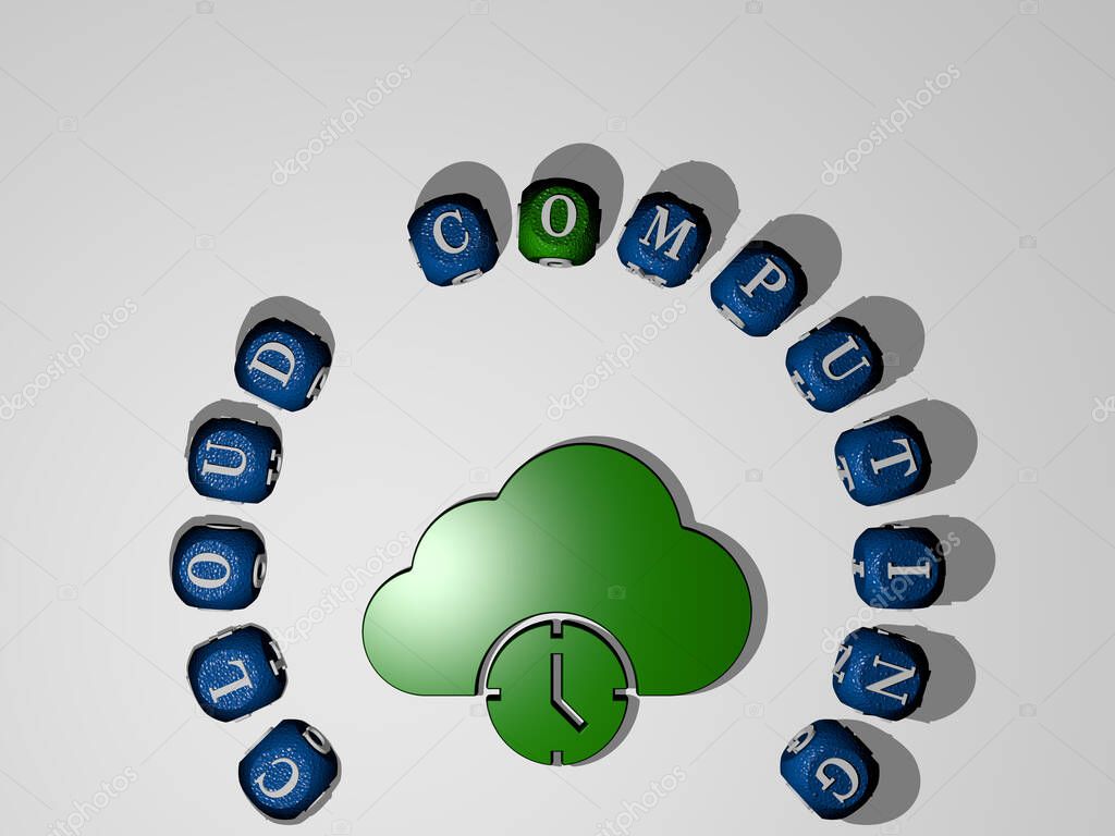 cloud computing icono rodeado por el texto de las letras individuales. Ilustración 3D. fondo y ...