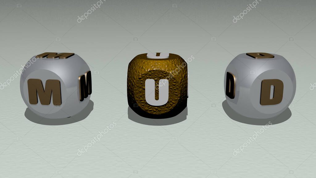 MUD texto por letras de dados cúbicos - Ilustración 3D para fondo y ...