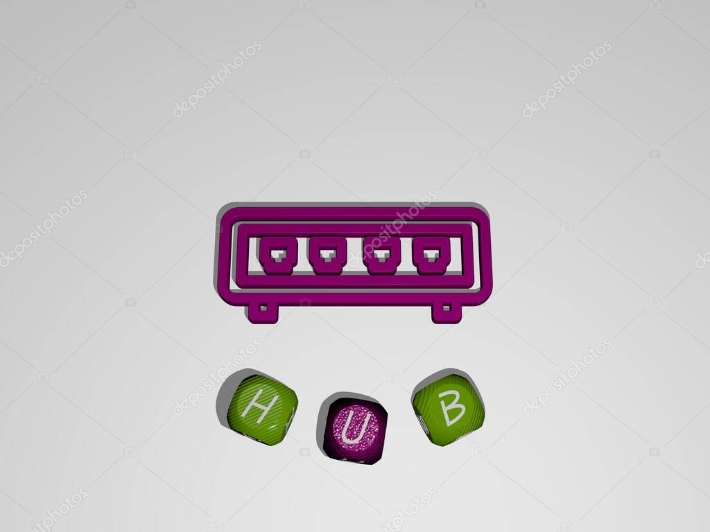 Texto HUB alrededor del icono 3D, ilustración 3D para editorial y ...