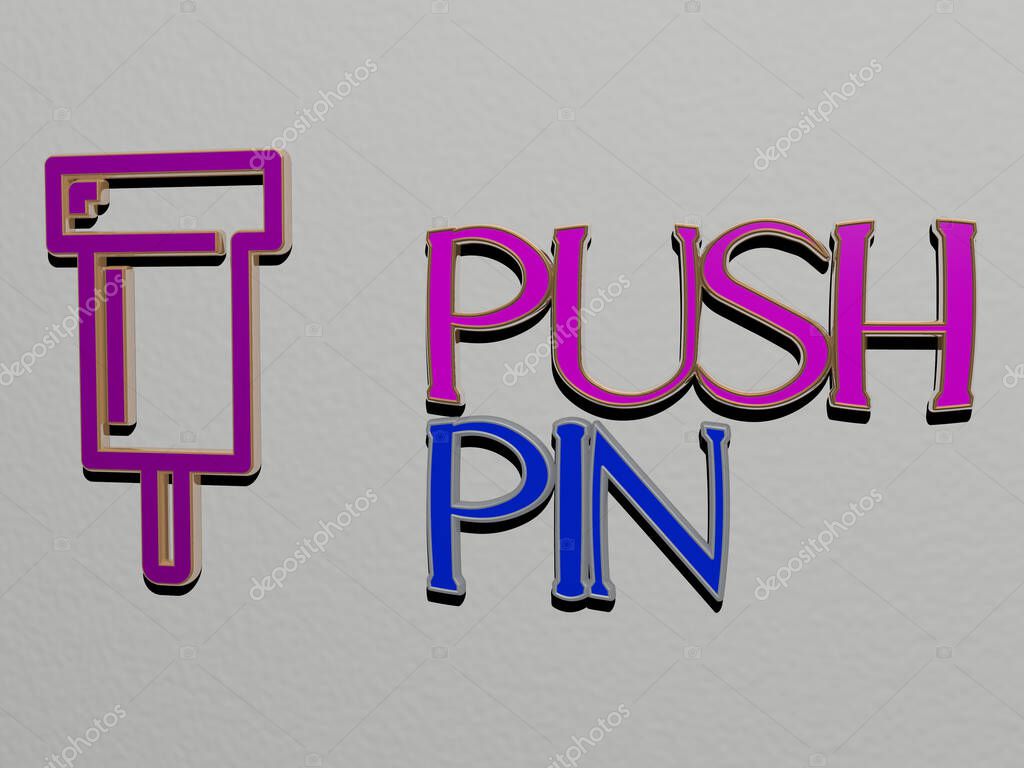 Ilustración 3D de gráficos push pin y texto hecho por letras de dados ...