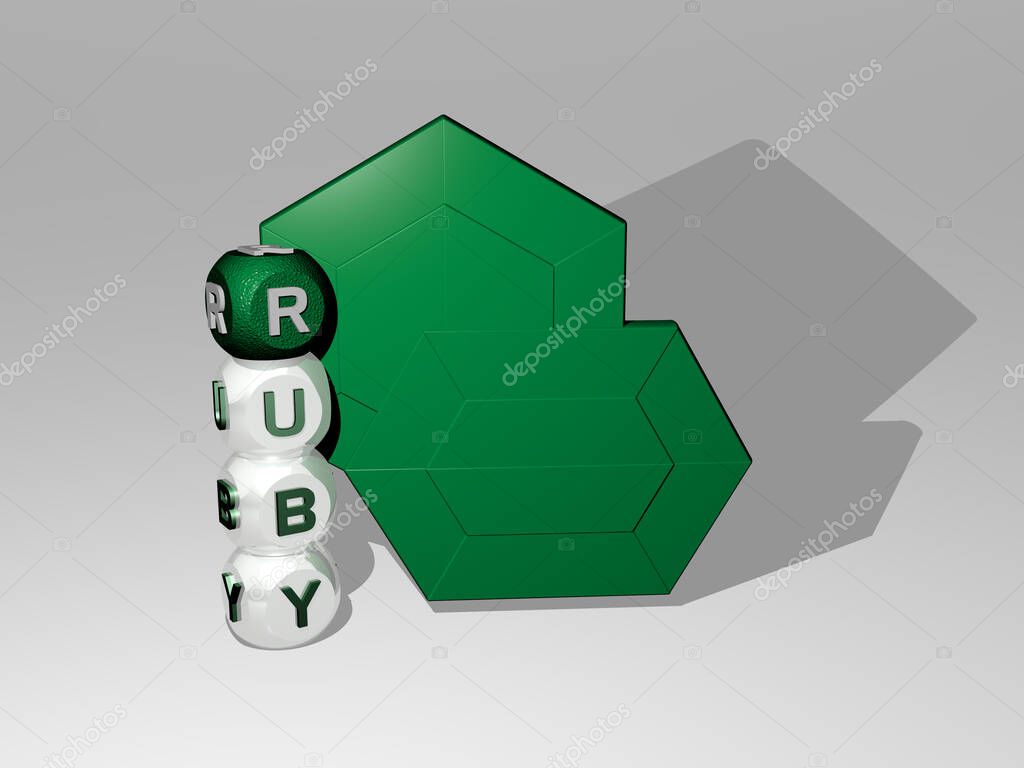 Representación 3D de rubí con icono en la pared y texto arreglado por letras cúbicas metálicas ...