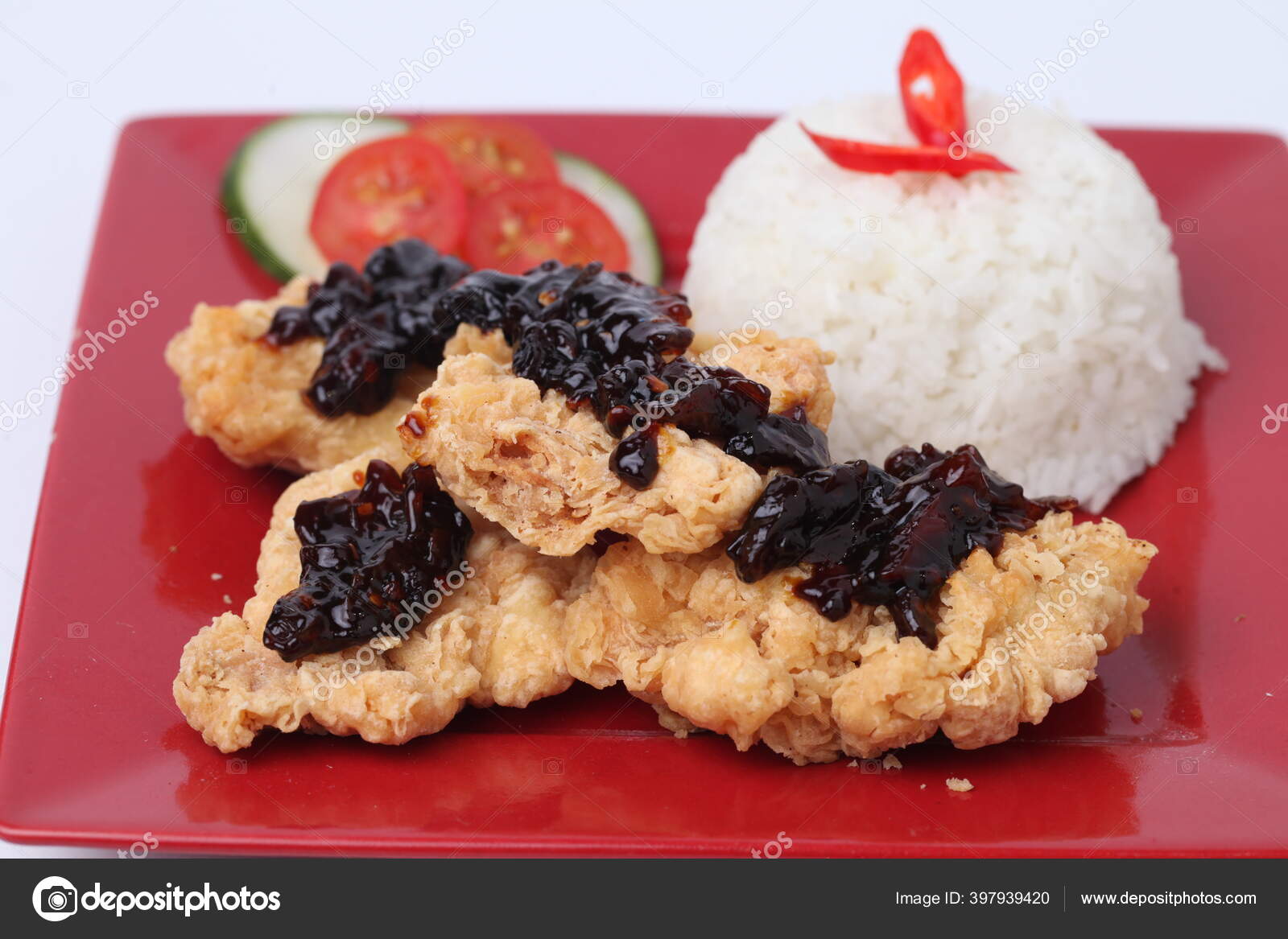 Fried Chicken Rice Red Plate Black Spicy Flavor Isolated White — Stock ...