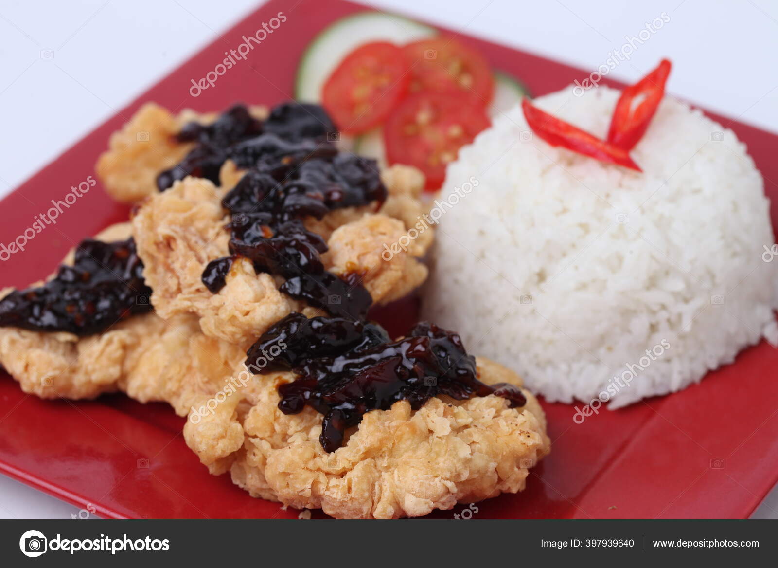 Fried Chicken Rice Red Plate Black Spicy Flavor Isolated White — Stock ...