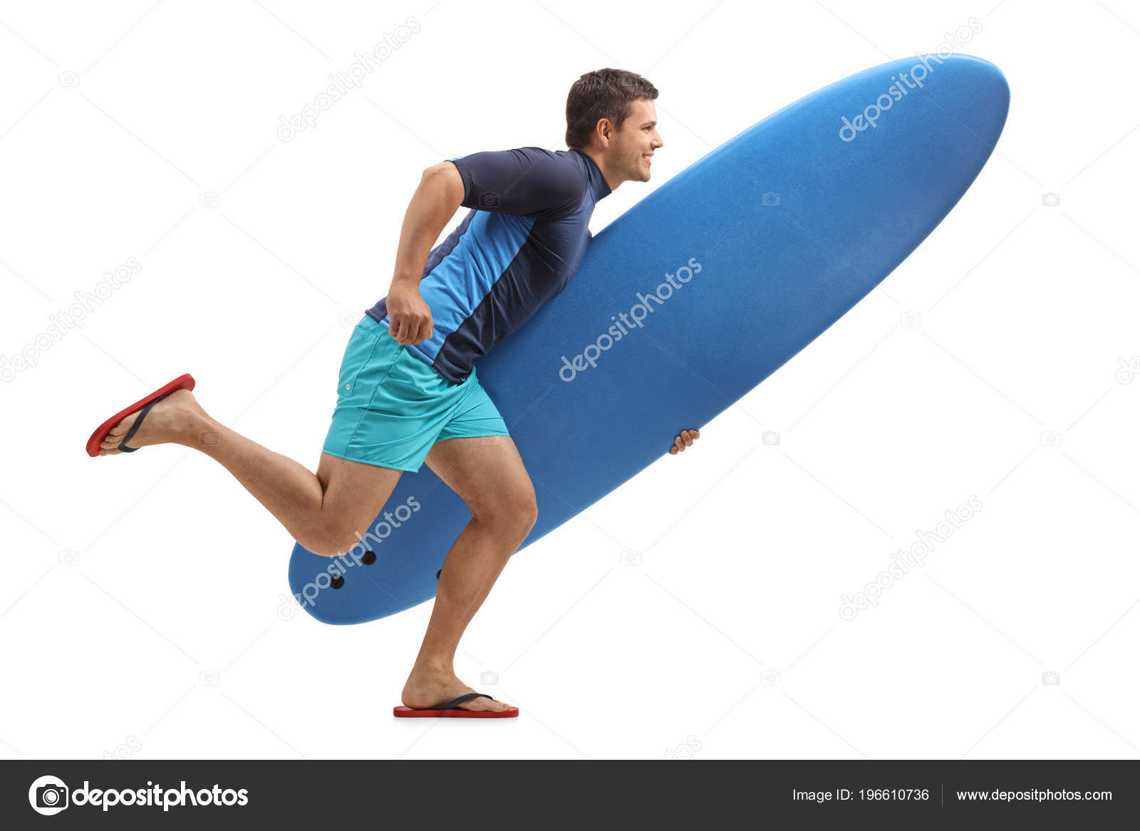 Full Length Profile Shot Surfer Holding Surfboard Running Isolated ...