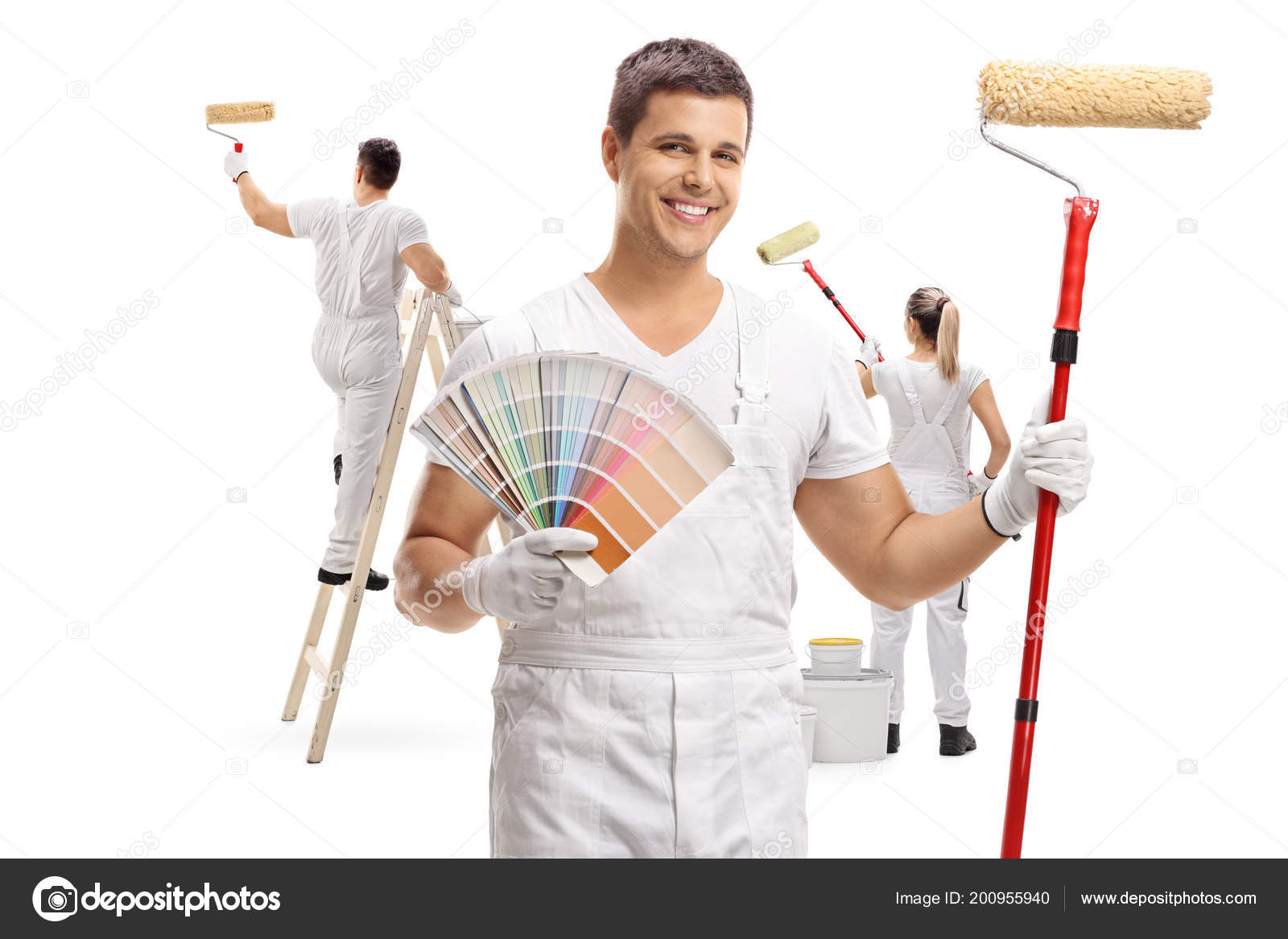 Painter Holding Color Swatch Paint Roller Two Painters Painting Him ...