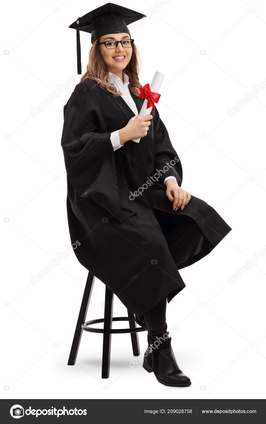 Female Graduate Student Diploma Sitting Chair Smiling Isolated White ...