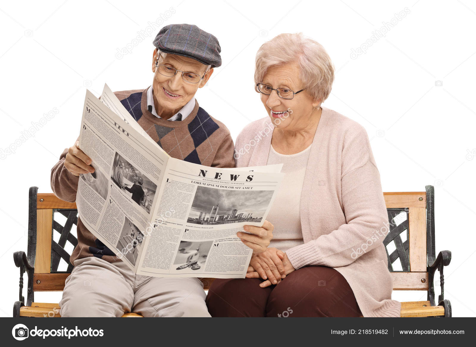 Elderly Man Woman Reading Newspaper Together Isolated White Background ...