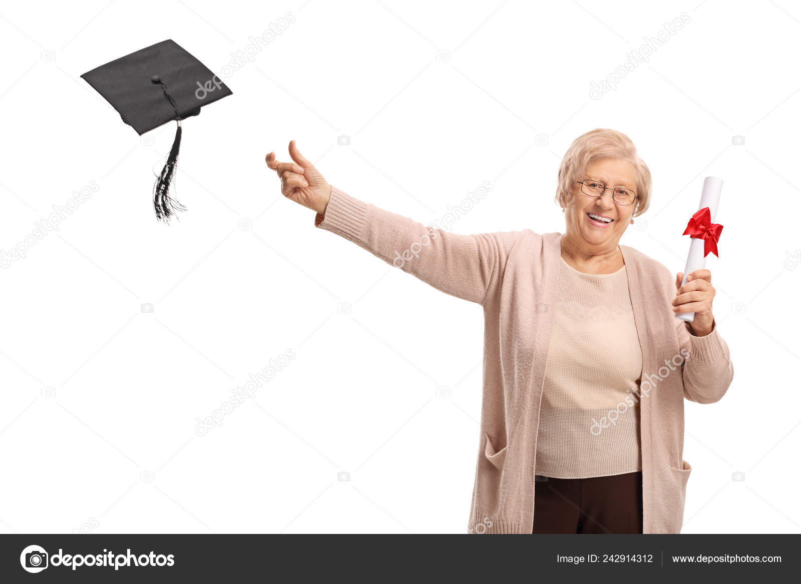 Happy Elderly Woman Holding Degree Throwing Graduation Hat Isolated ...