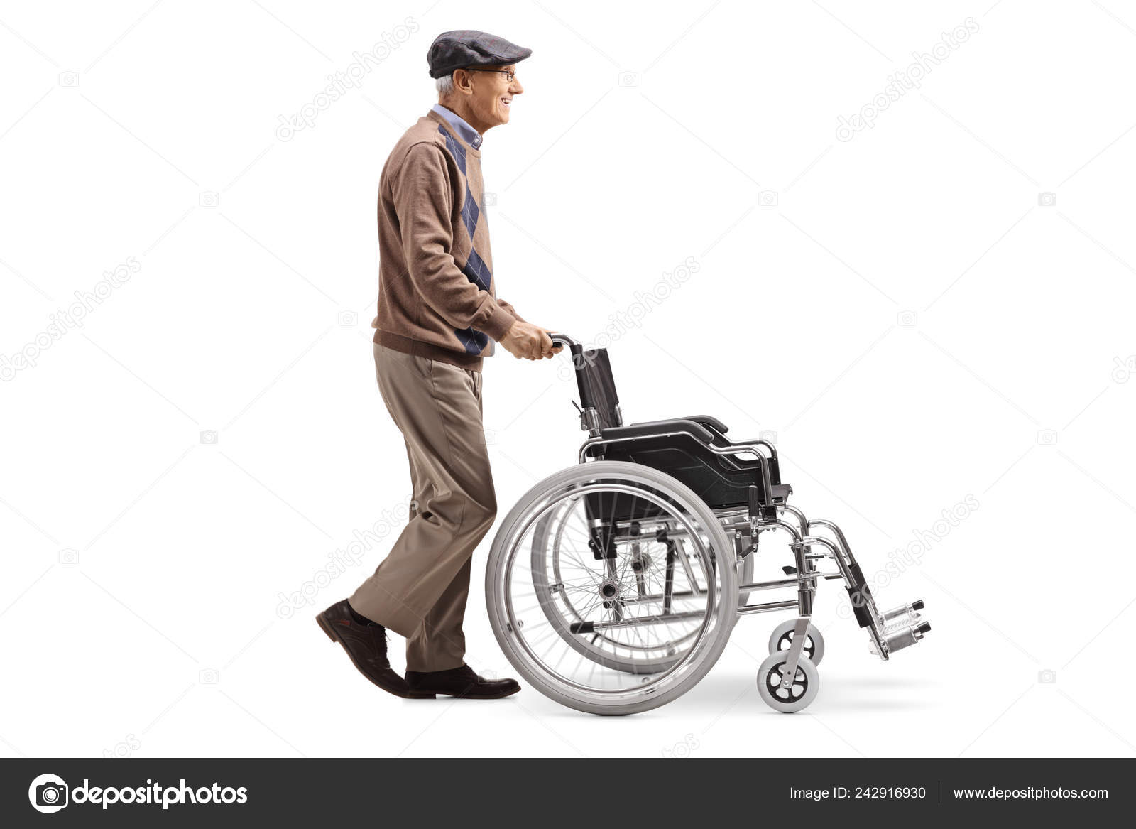 Full Length Profile Shot Elderly Man Pushing Empty Wheelchair Isolated ...