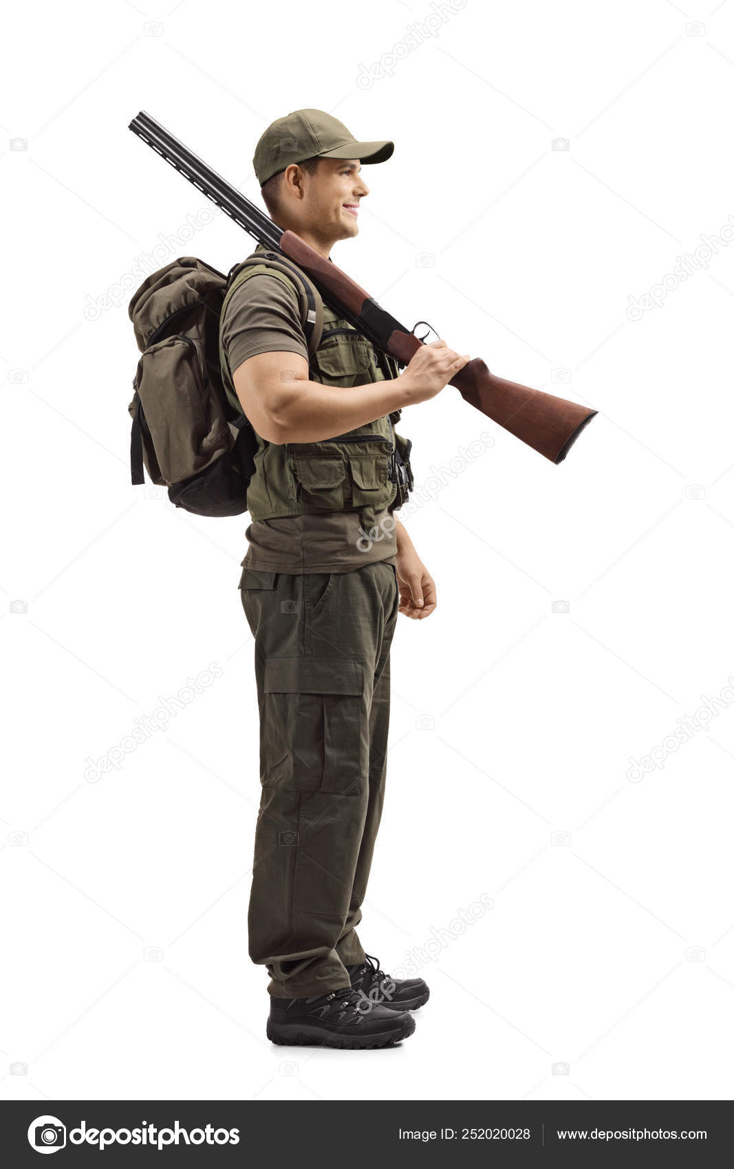 Full Length Profile Shot Young Male Hunter Standing Shotgun His — Stock ...