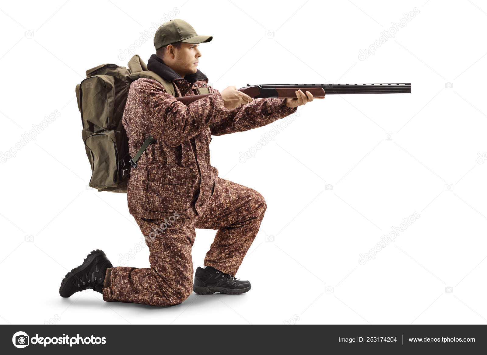 Full Length Profile Shot Man Hunter Uniform Kneeling Aiming Shotgun ...