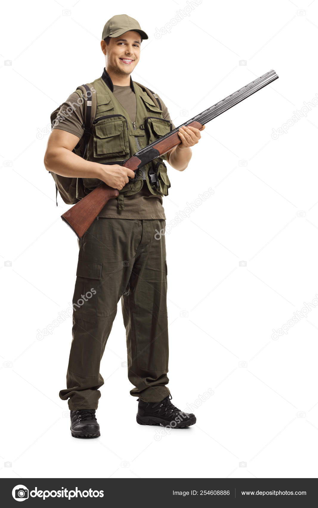 Full Length Portrait Hunter Posing Shotgun Isolated White Background ...