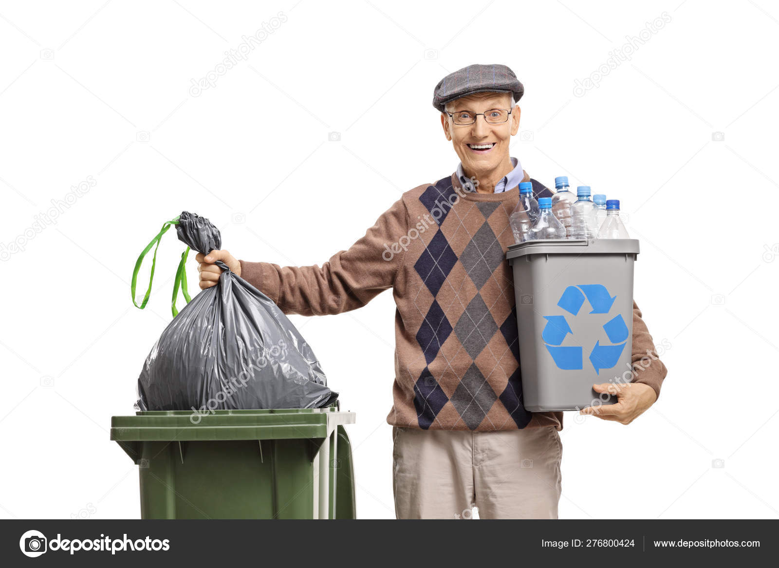 Elderly man with a recycling bin throwing a garbage bag in a tra Stock ...