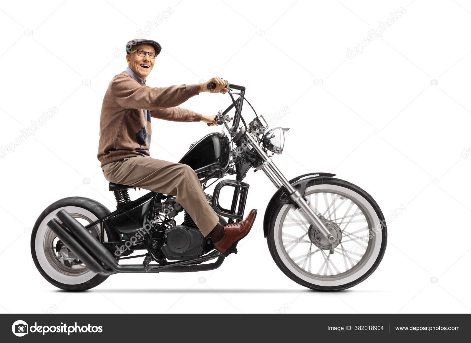 Elderly Man Riding Custom Chopper Motorbike Smiling Camera Isolated ...