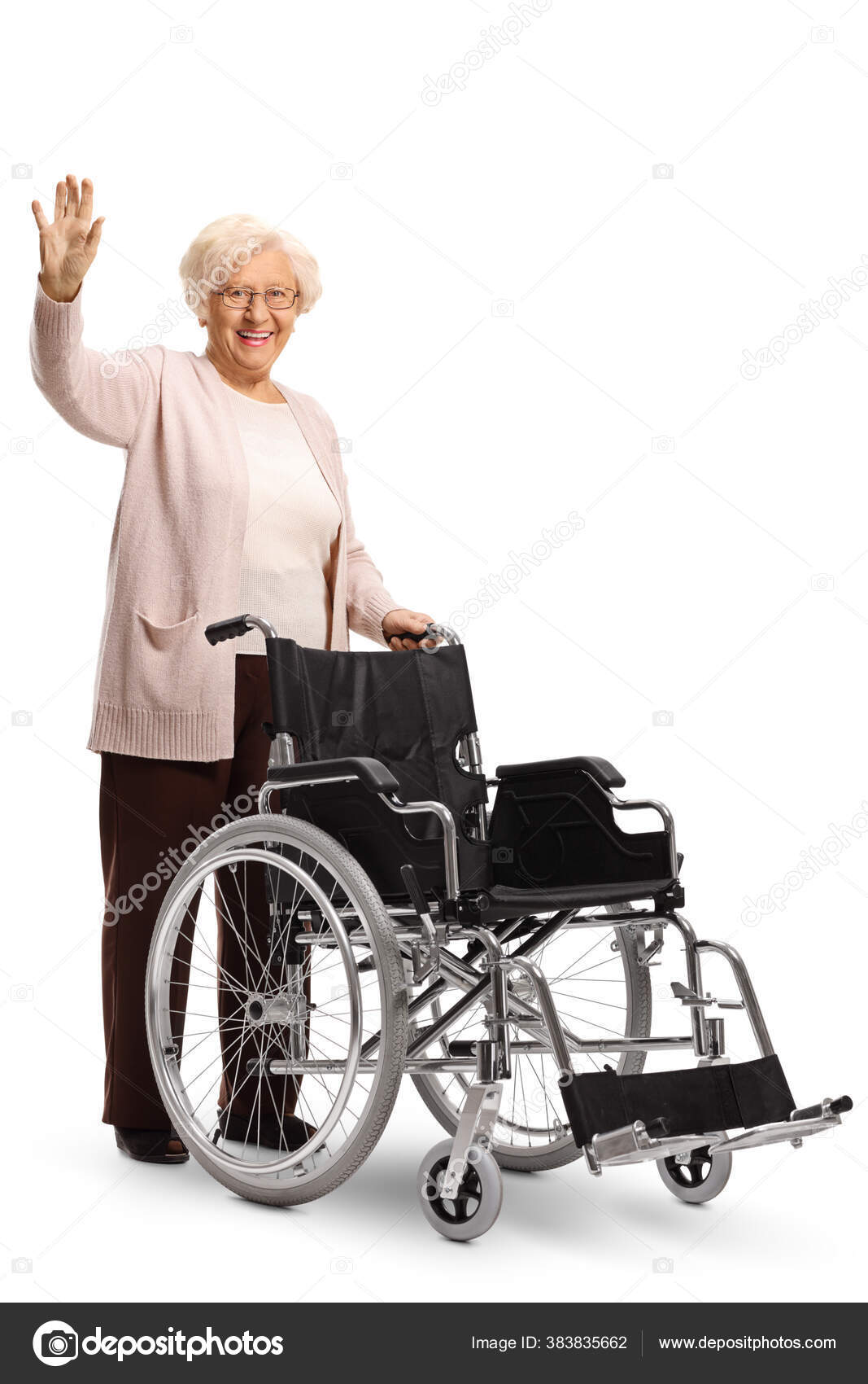 Elderly Woman Pushing Empty Wheelchair Waving Camera Isolated White ...