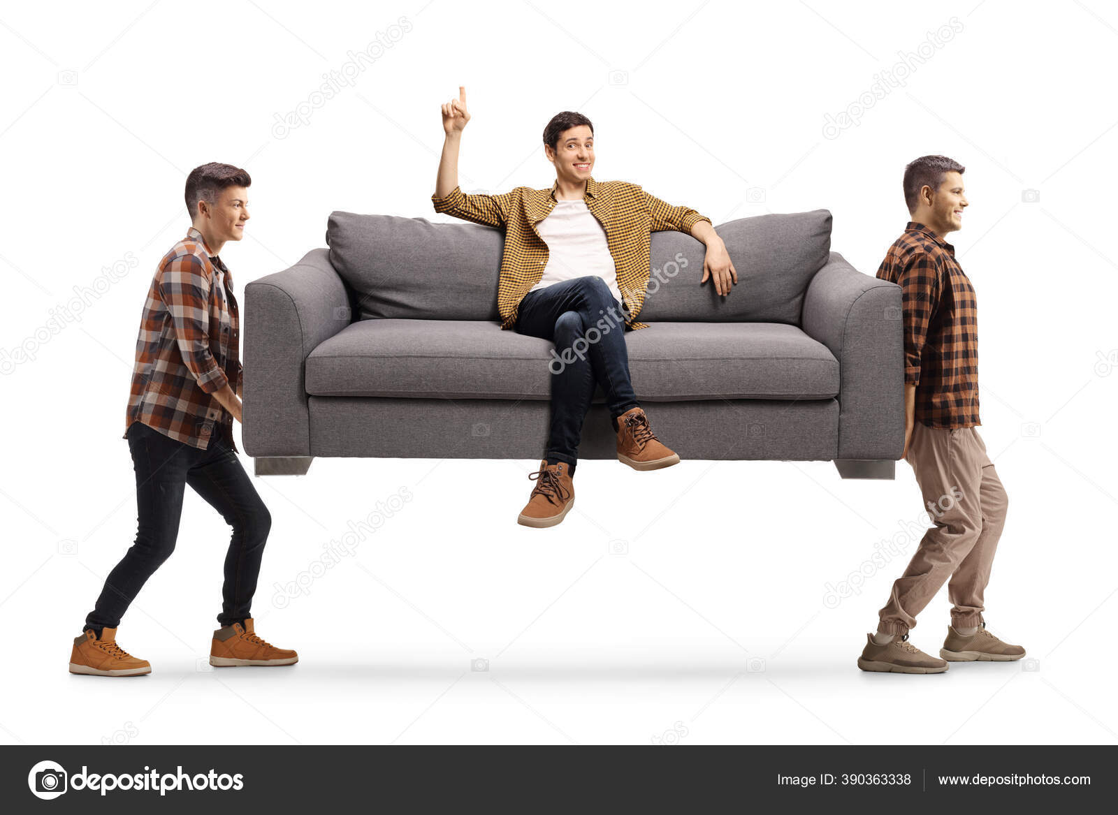 Two Young Men Carrying Sofa Man Sitting Pointing Isolated White — Stock ...