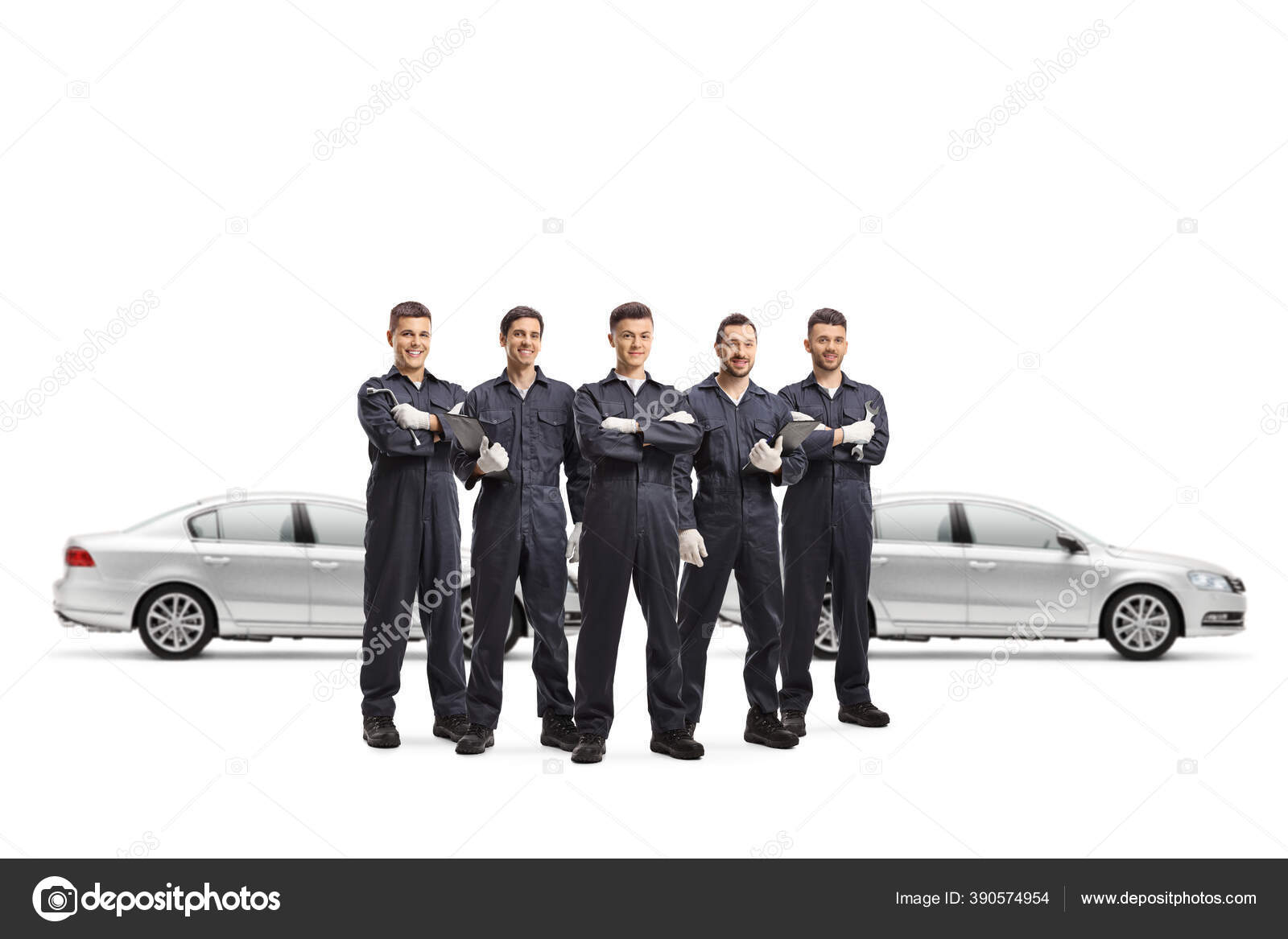 Five Auto Mechanic Workers Uniforms Standing Group Front Silver Cars ...