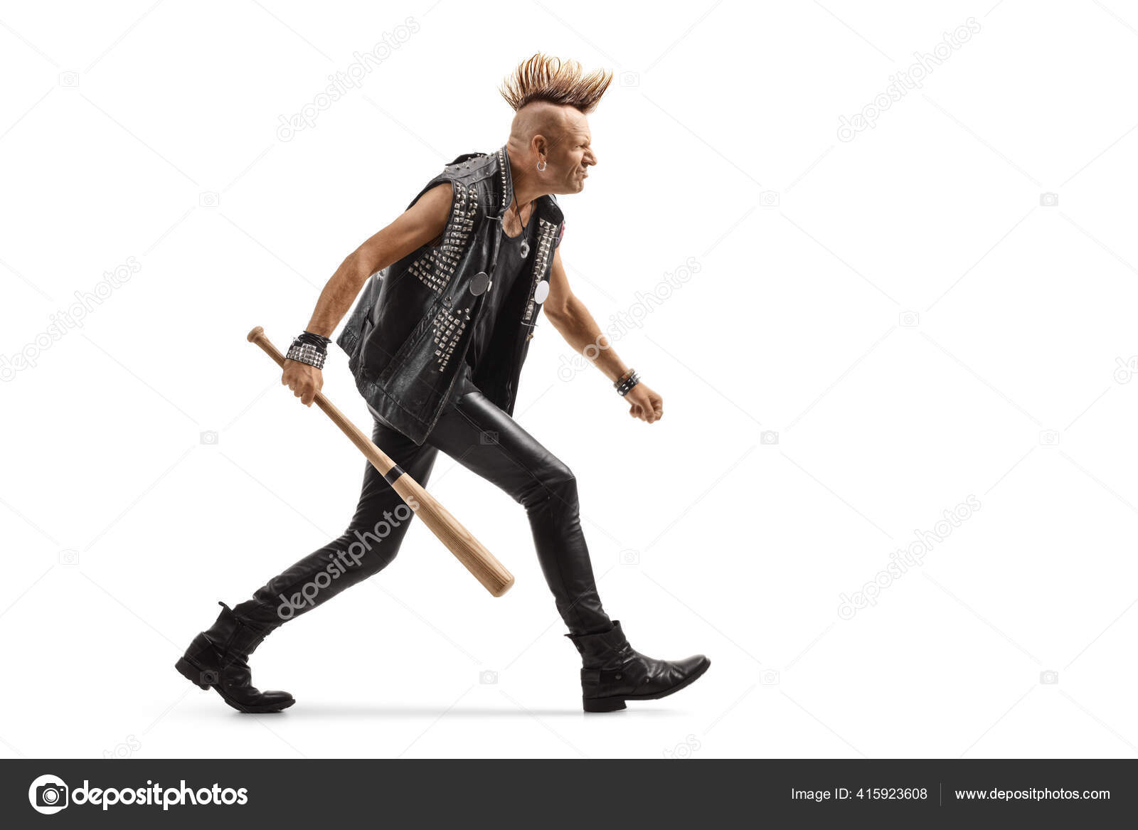 Angry Punk Rocker Mohawk Running Baseball Bat Isolated White Background ...