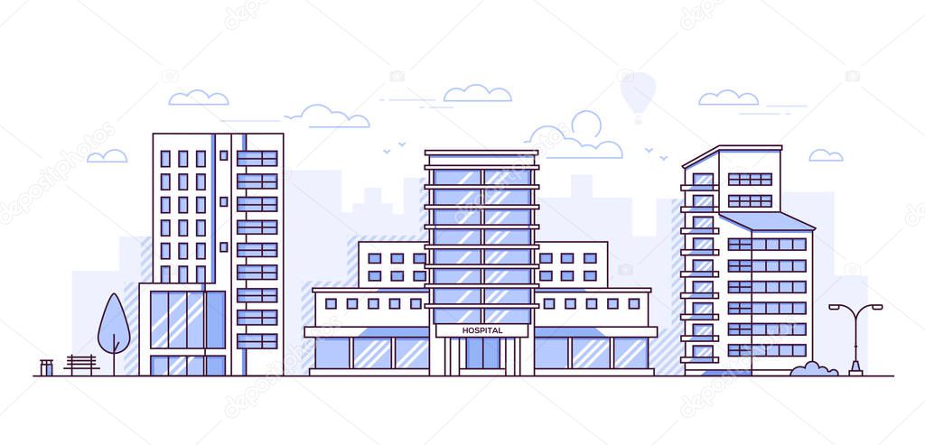 Paisaje urbano con hospital - ilustraci n vectorial de dise o de l nea delgada moderna 2024