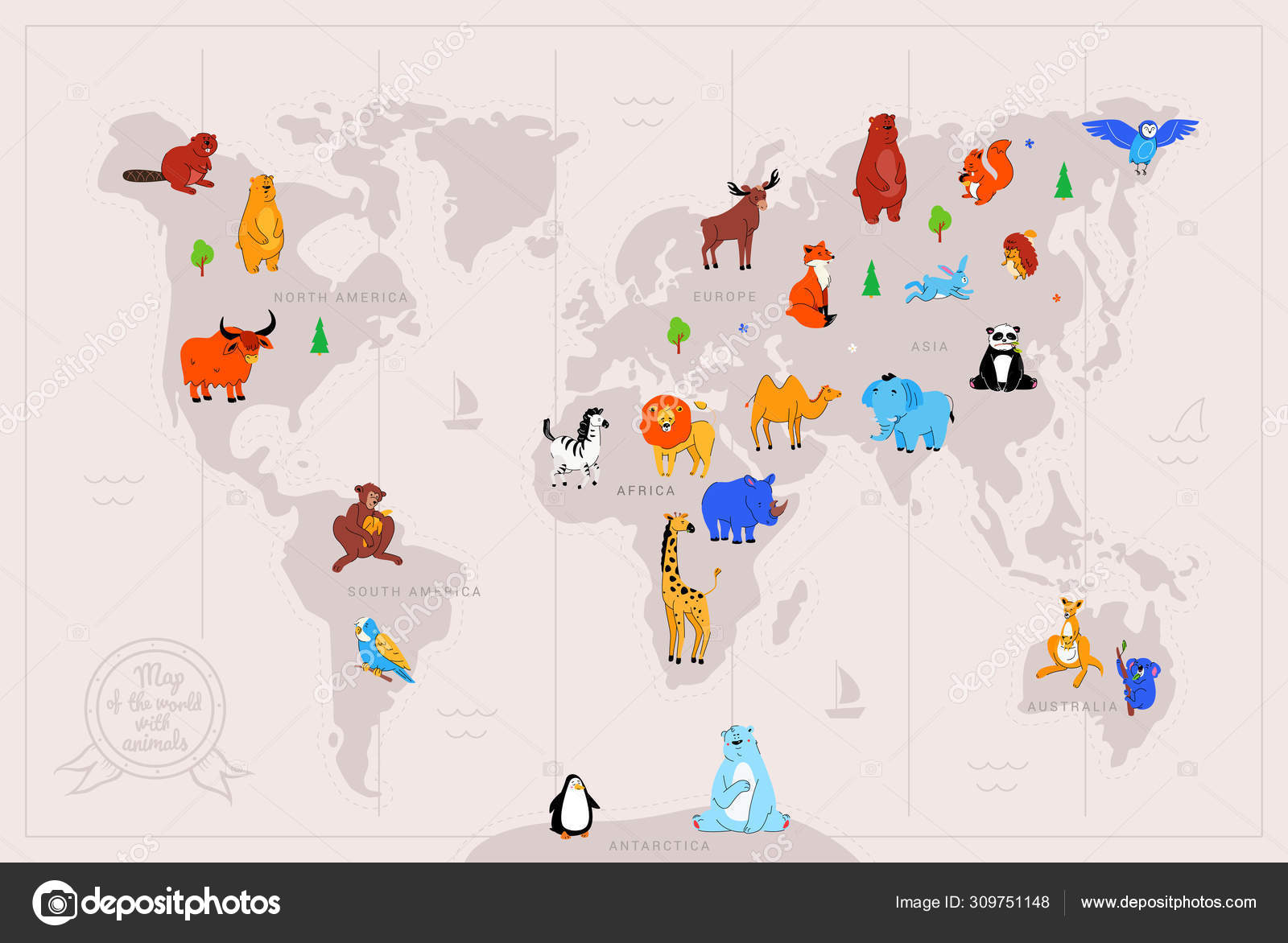 Animales en el mapa del mundo vector plano ilustración Stock Vector by ...