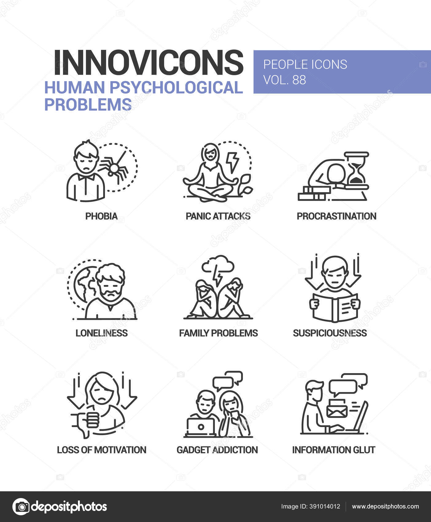 Human psychological problems line design style icons set Stock Vector ...