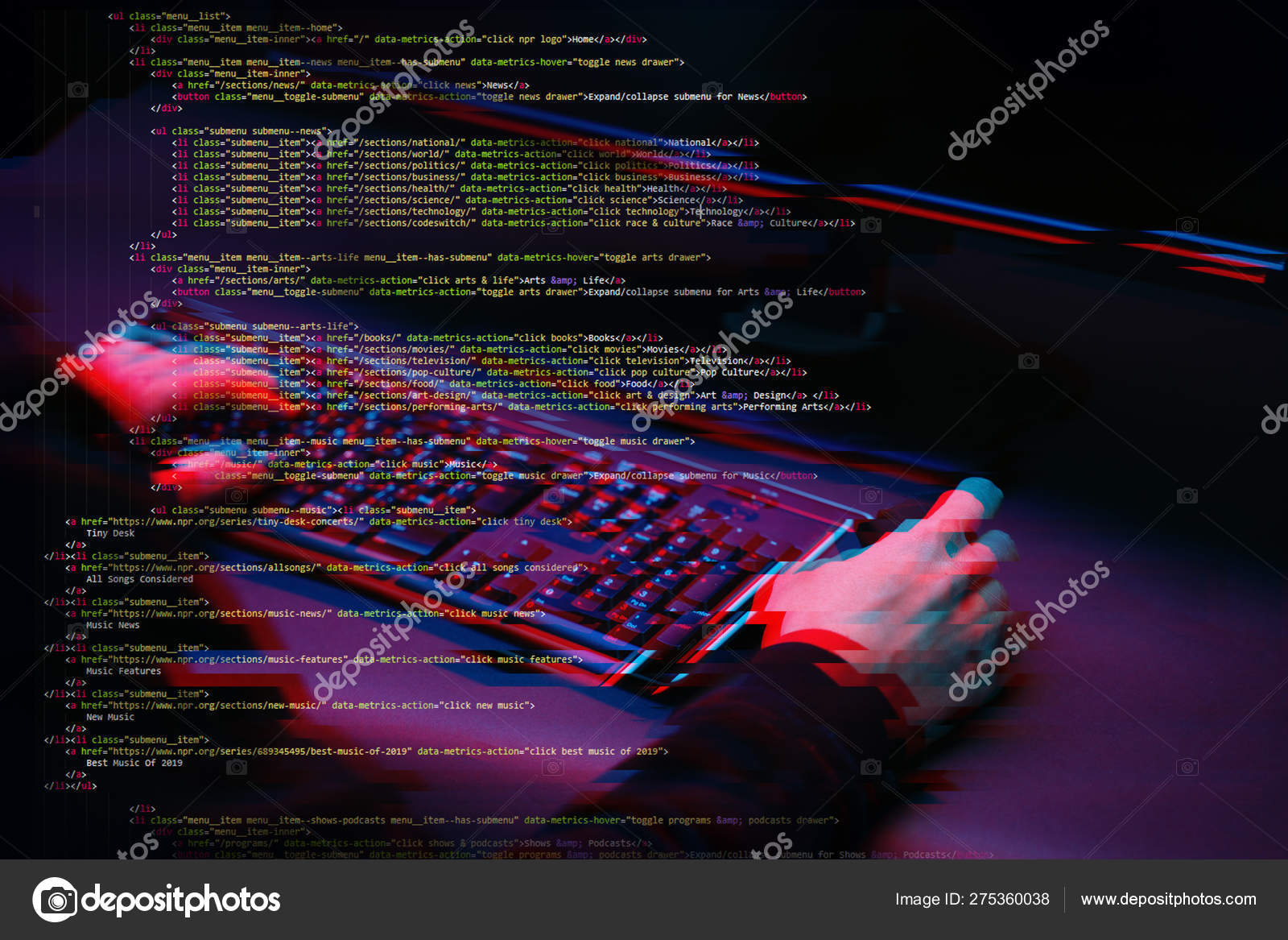 Hacker working with computer in dark room with digital interface around ...