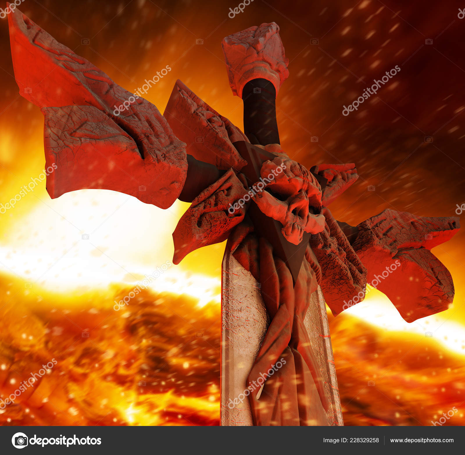 Artwork Steel Demon Sword Skull Stone Red Fire Highlights Angle Stock ...