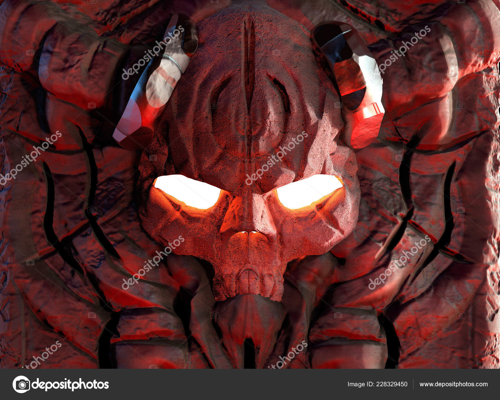 Engraved Stone Demon Skull Horns Glowing Fire Eyes Ancient Symbols ...