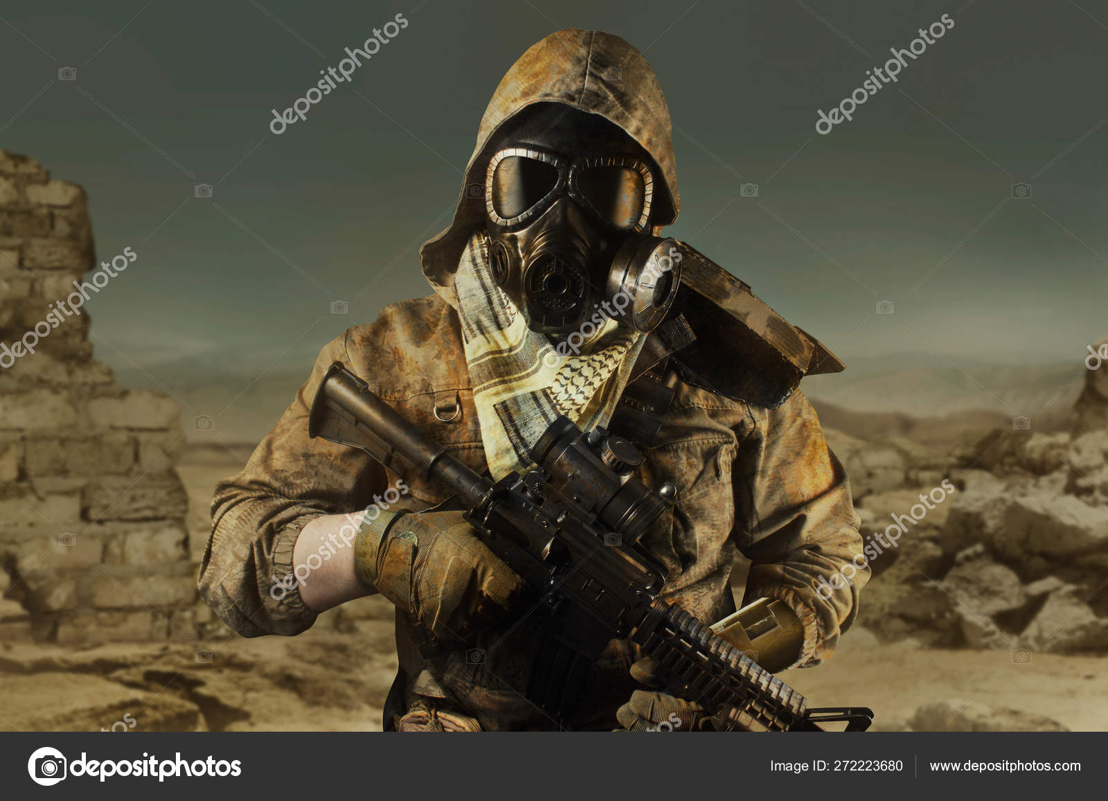 Desert post-apocalyptic soldier front view. — Stock Photo ...