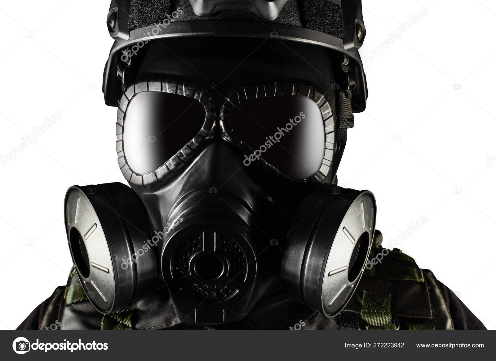 Isolated warrior soldier in gas mask front view closeup. Stock Photo by ...