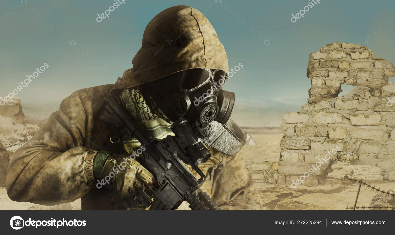 Desert post-apocalyptic soldier standing with rifle profile view ⬇ ...