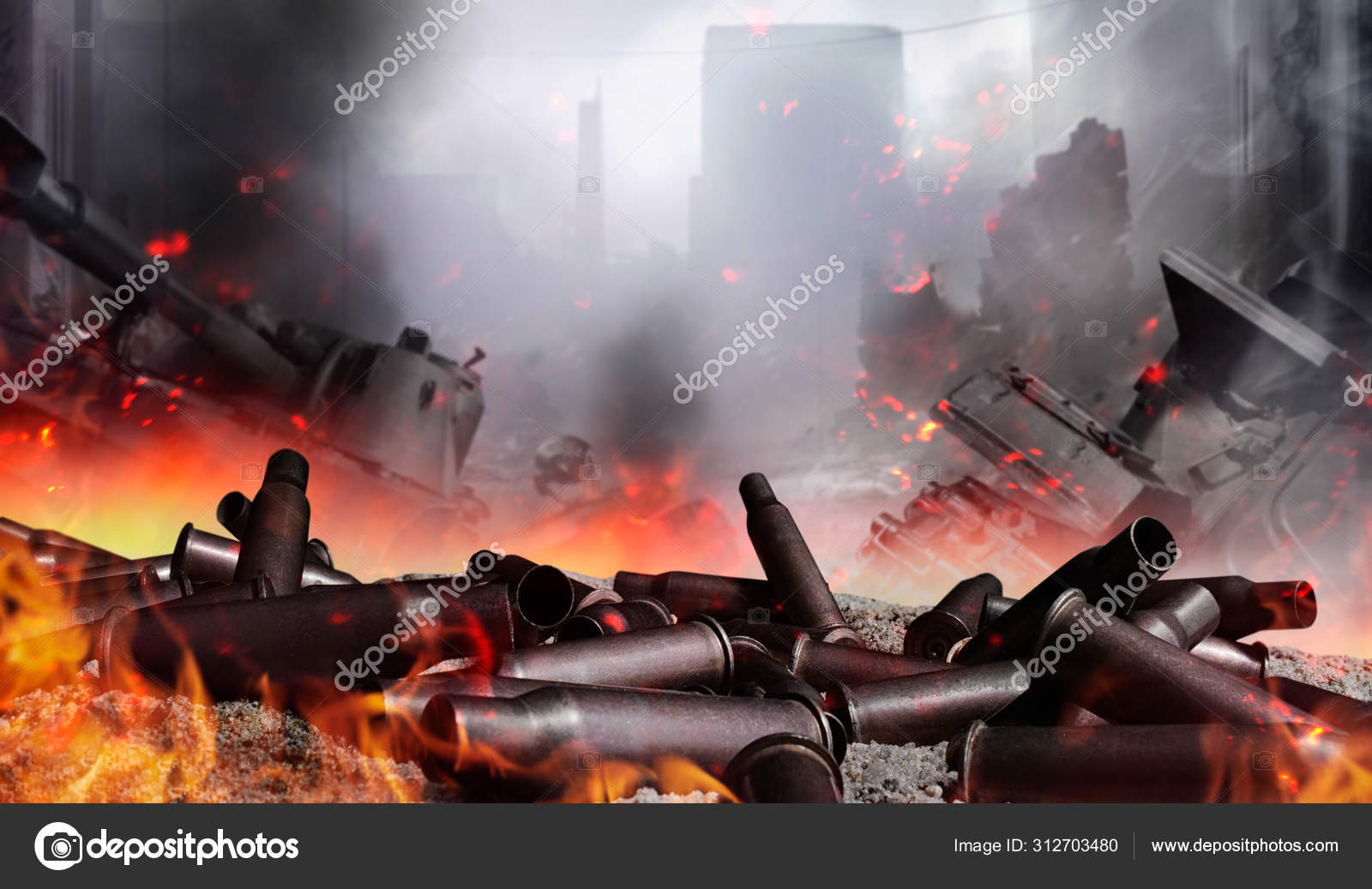Automatic rifle gun shells laying on sand, battlefield backgroun ...