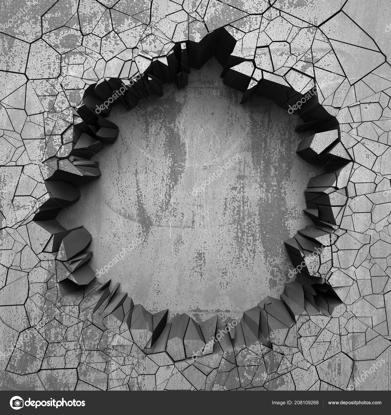 Dark Cracked Broken Hole Concrete Wall Grunge Background Render ...