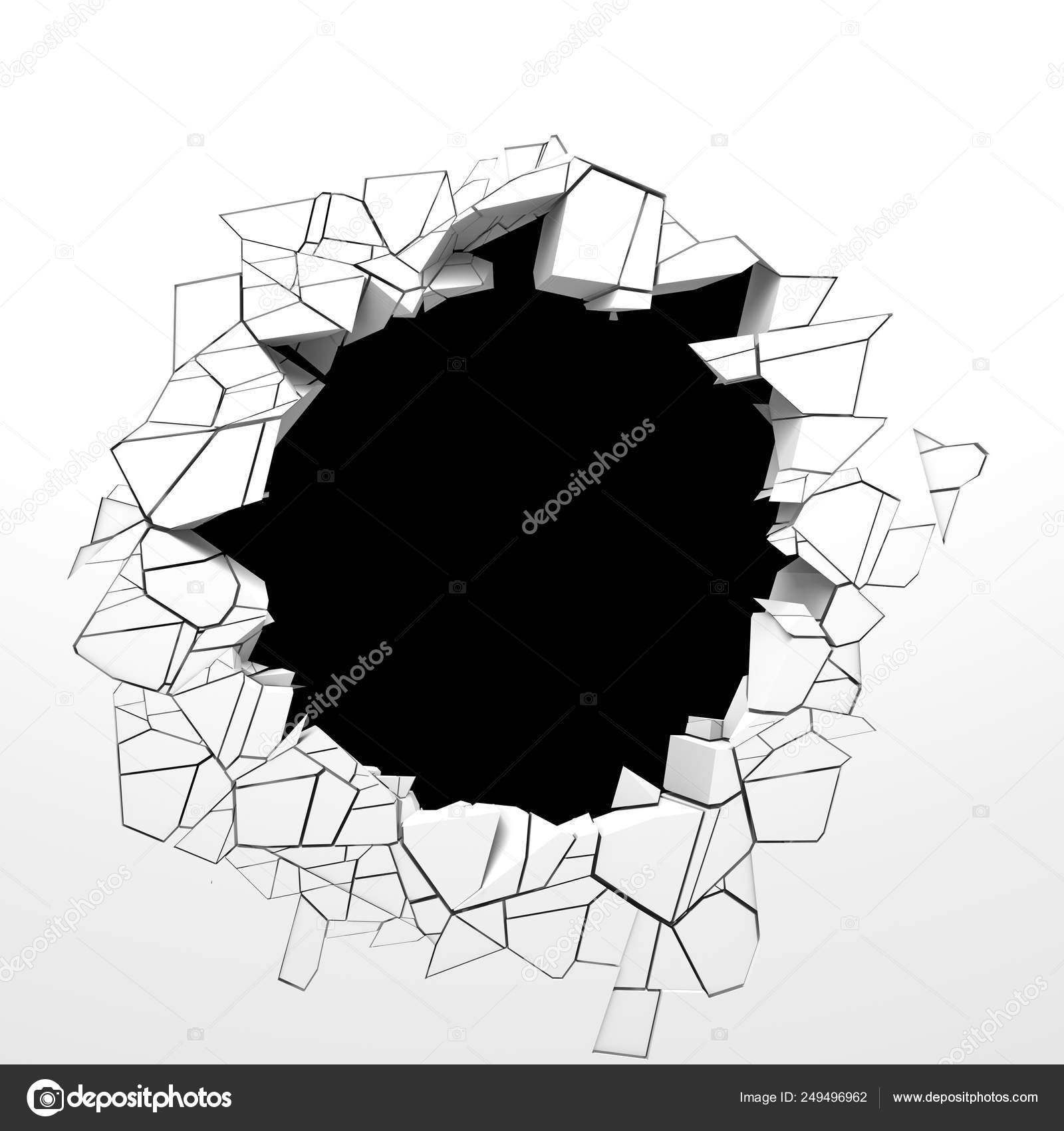 Dark destruction cracked hole in white stone wall — Stock Photo ...
