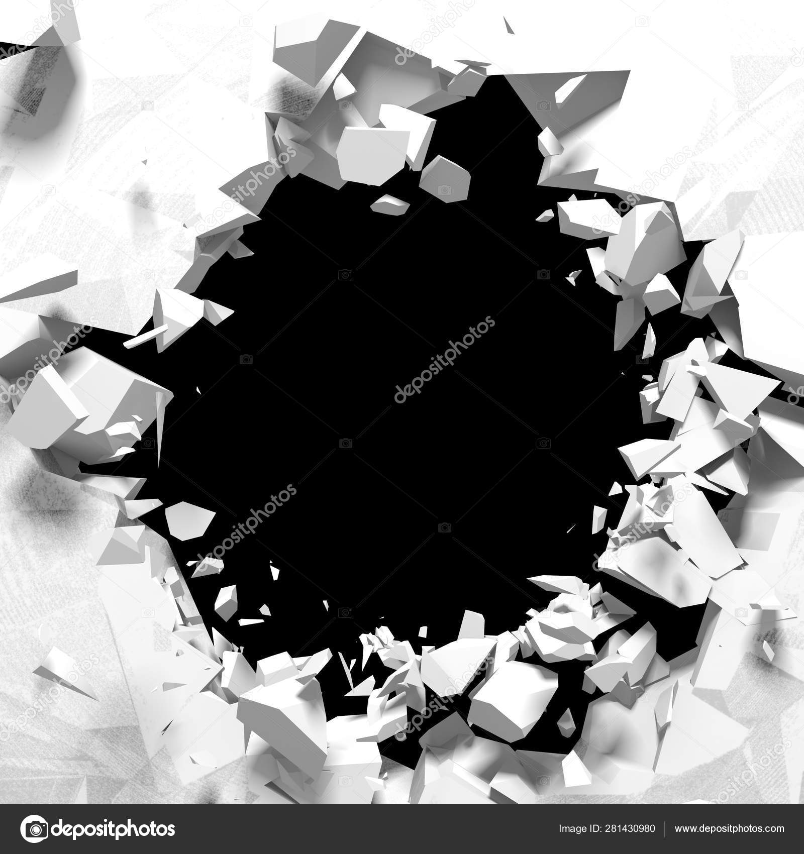 Dark Destruction Cracked Hole White Stone Wall Render Illustration ...